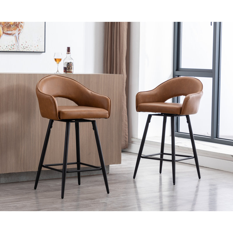 Swivel Bar Stools 27 Counter Stools Faux Leather Counter Height Bra Stools Chairs for Kitchen Island Set of 2 George Oliver Upholstery Brown